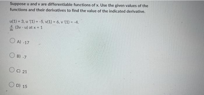 Solved Suppose u and v are differentiable functions of x. | Chegg.com