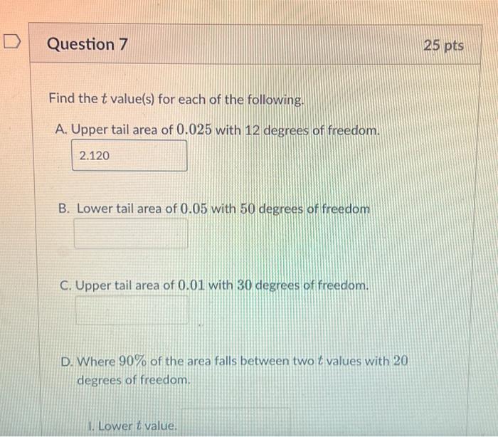 Solved Find the t value(s) for each of the following. A. | Chegg.com