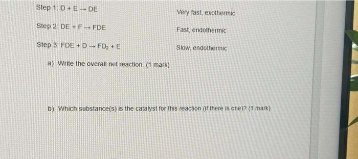 Solved Step 1: D+E - DE Very fast, exothermic Step 2 DE + | Chegg.com