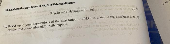Solved color II. Studying the Dissolution of NH4Cl in Water | Chegg.com