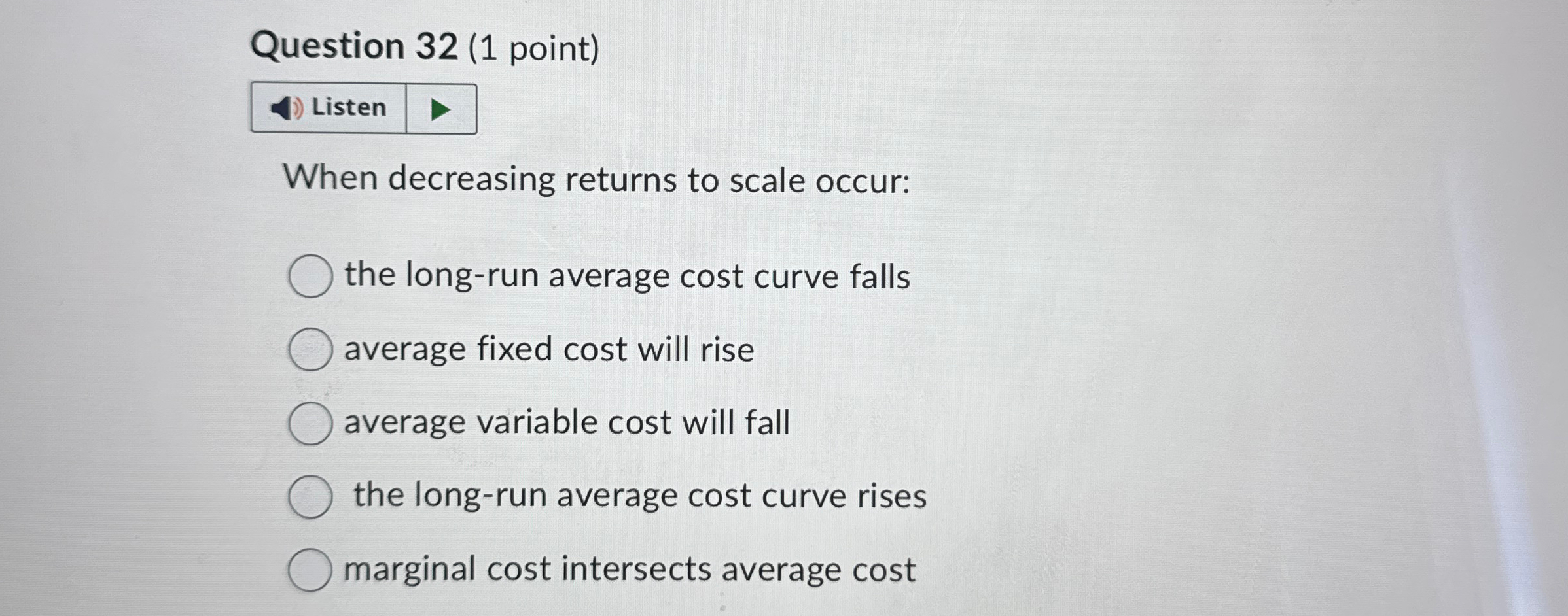 Solved Question 32 (1 ﻿point)When decreasing returns to | Chegg.com