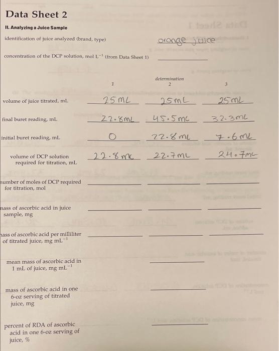 Solved Data Sheet 1 1. Standardizing the DCP Solution mass | Chegg.com