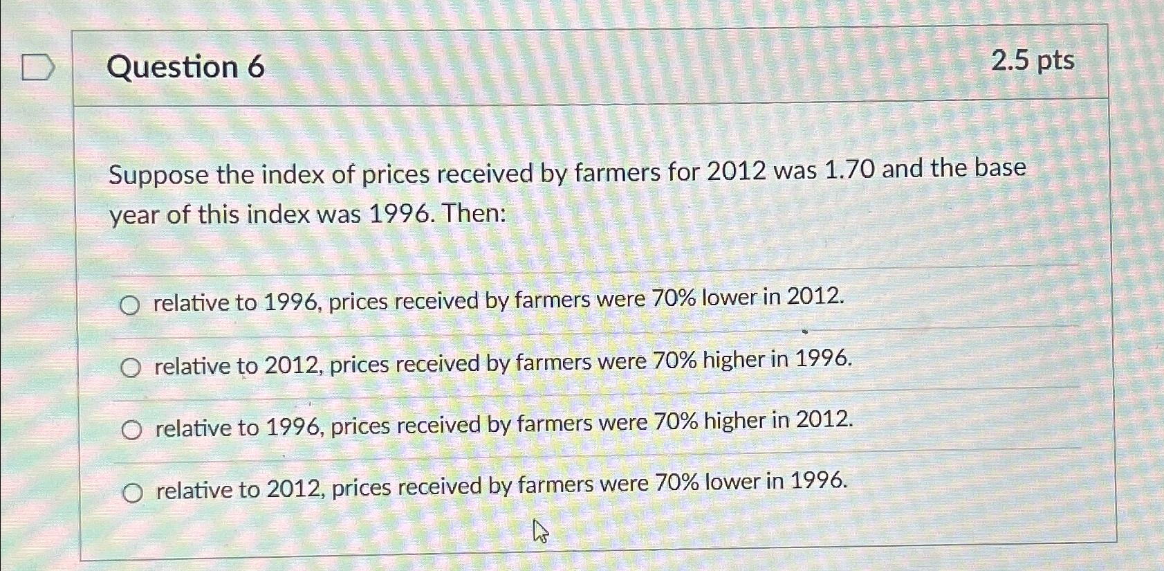 Solved Question 62.5ptsSuppose the index of prices received | Chegg.com