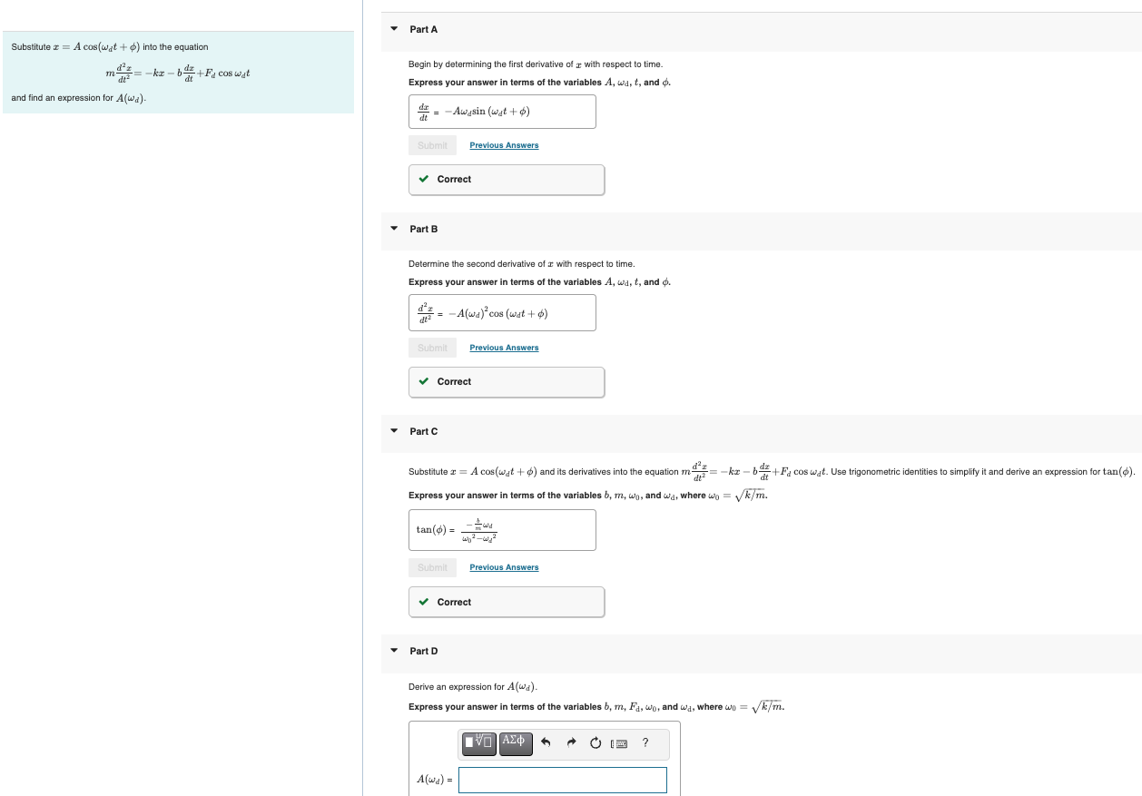 Solved Substitute x=Acos(ωdt+φ) ﻿into the | Chegg.com