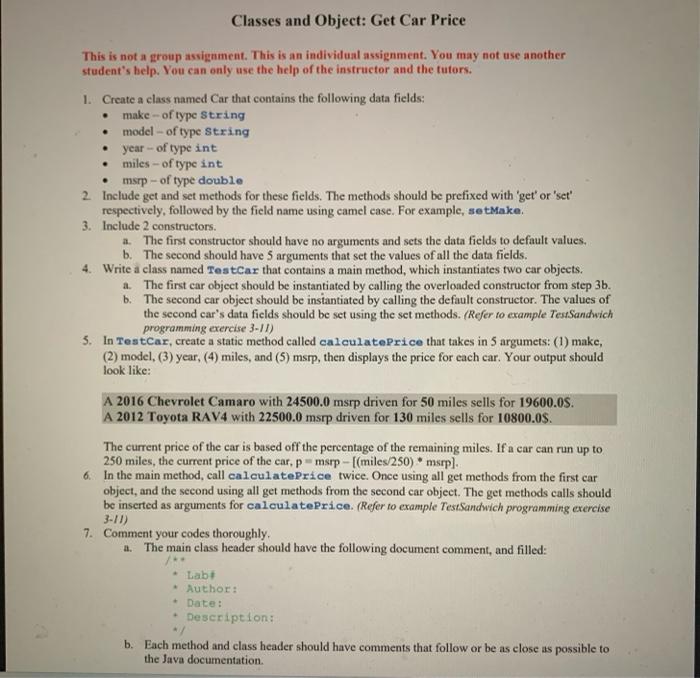 Solved 1. Create a class named Car that contains the | Chegg.com