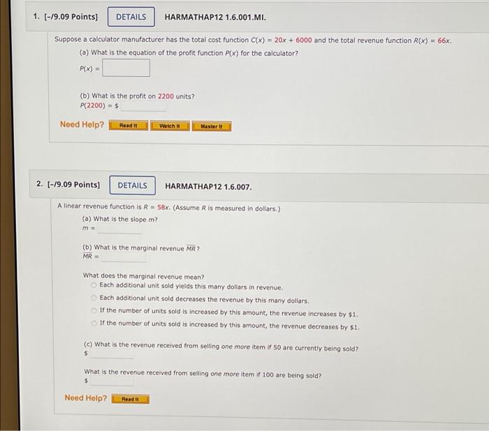 Solved 1. [-/9.09 Points) DETAILS HARMATHAP12 1.6.001.MI. | Chegg.com