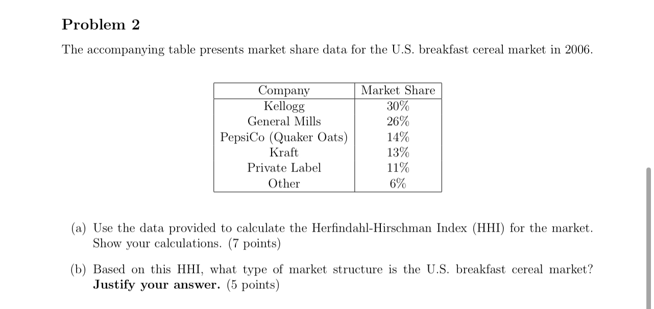 Solved Problem 2The accompanying table presents market share | Chegg.com Solved Problem 2The accompanying table presents market share | Chegg.com