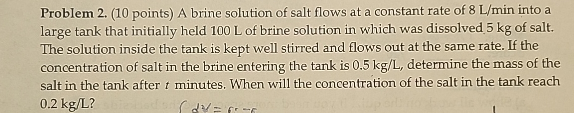Solved Problem 2. (10 ﻿points) ﻿A brine solution of salt | Chegg.com
