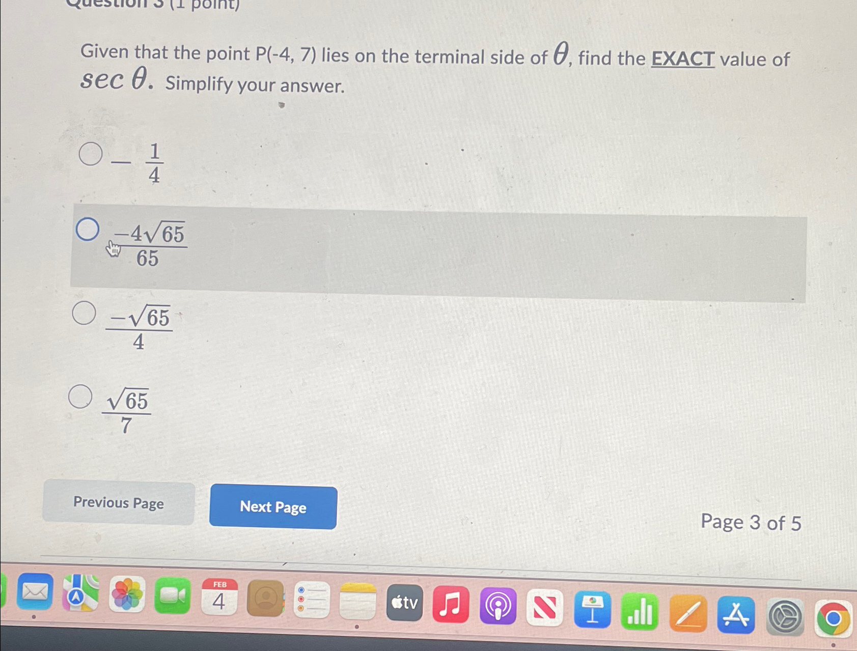 Given that the point P(-4,7) ﻿lies on the terminal | Chegg.com