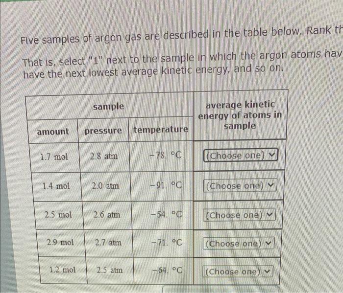 Solved Five samples of argon gas are described in the table | Chegg.com
