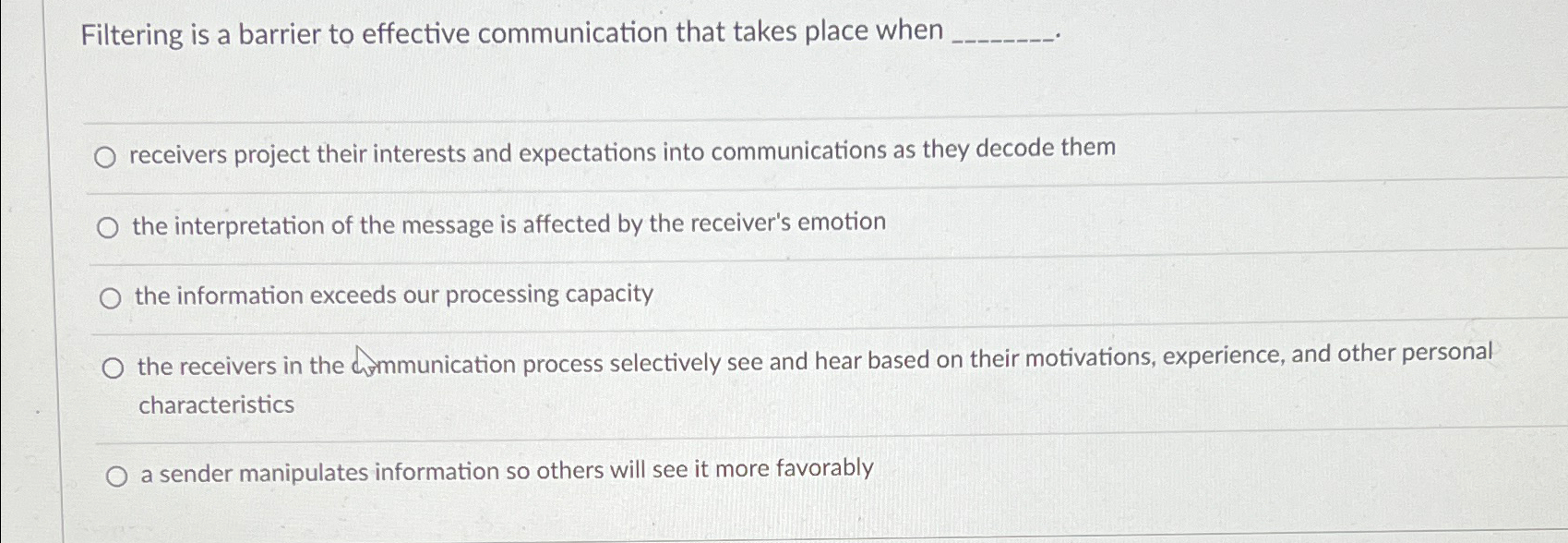 Solved Filtering is a barrier to effective communication | Chegg.com