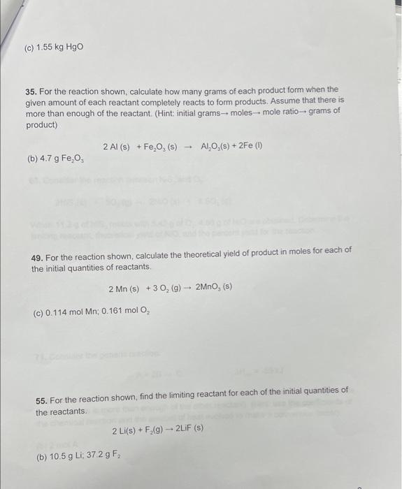 Solved (c) 1.55 kgHgO 35. For the reaction shown, calculate | Chegg.com