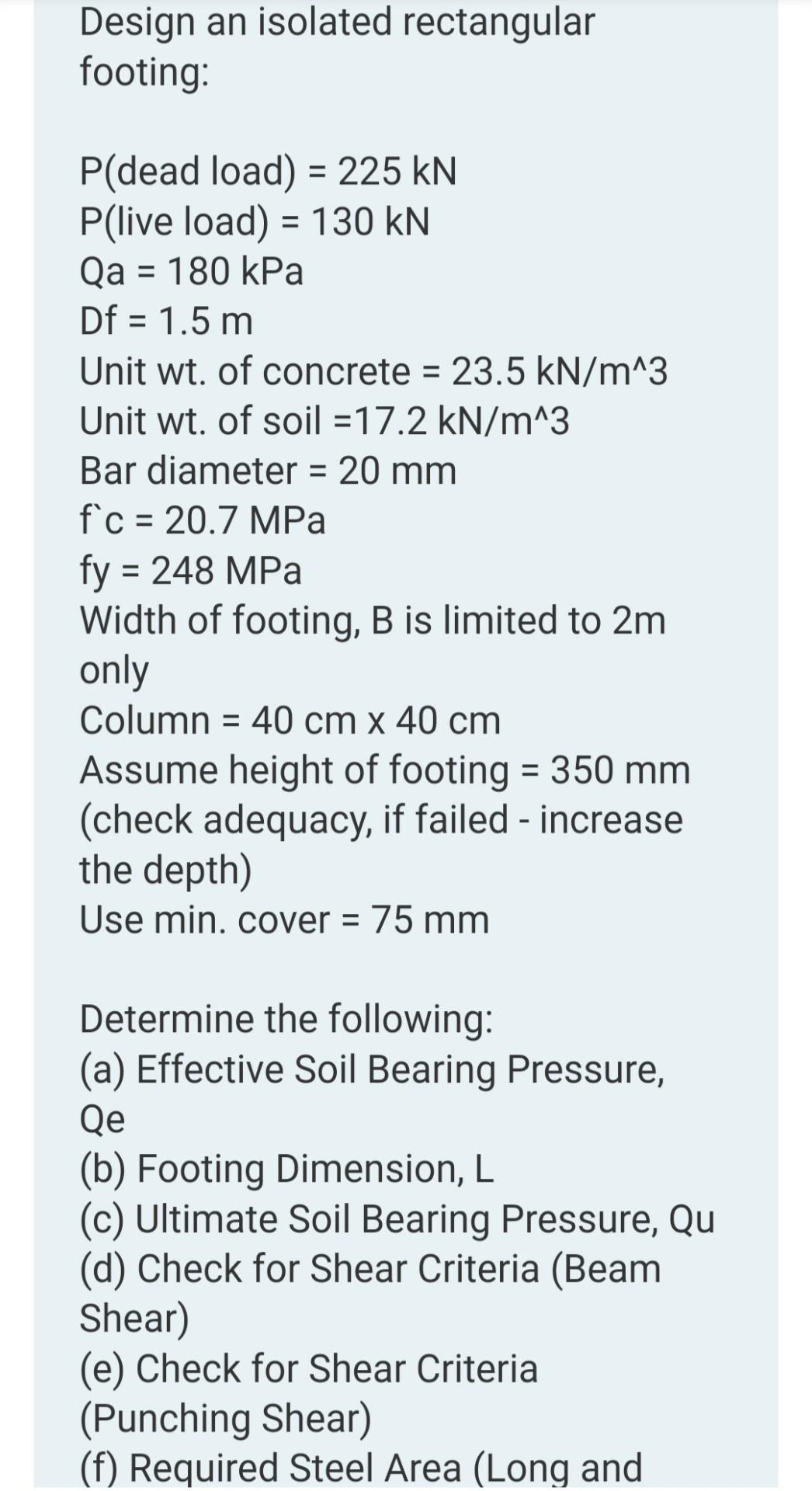Solved (f) Required Steel Area (Long and Short Direction) | Chegg.com