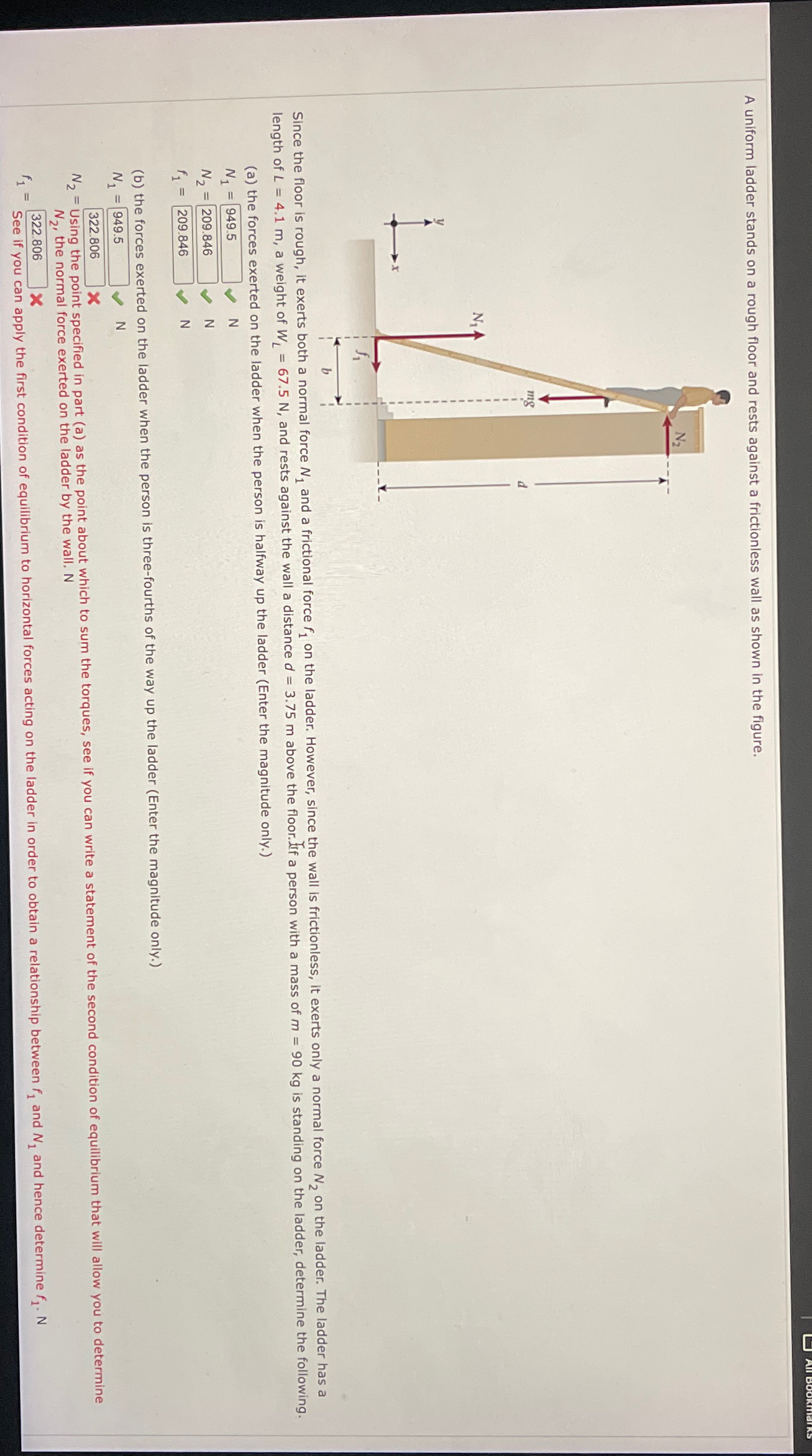 Solved A uniform ladder stands on a rough floor and rests | Chegg.com