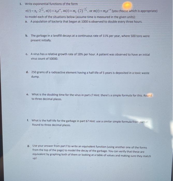 Solved 1. Write exponential functions of the form n(t)=n, | Chegg.com