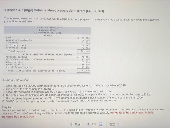 Solved Exercise 3-7 (Algo) Balance sheet preparation; errors | Chegg.com