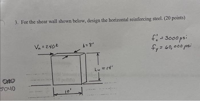 Solved 3. For the shear wall shown below, design the | Chegg.com