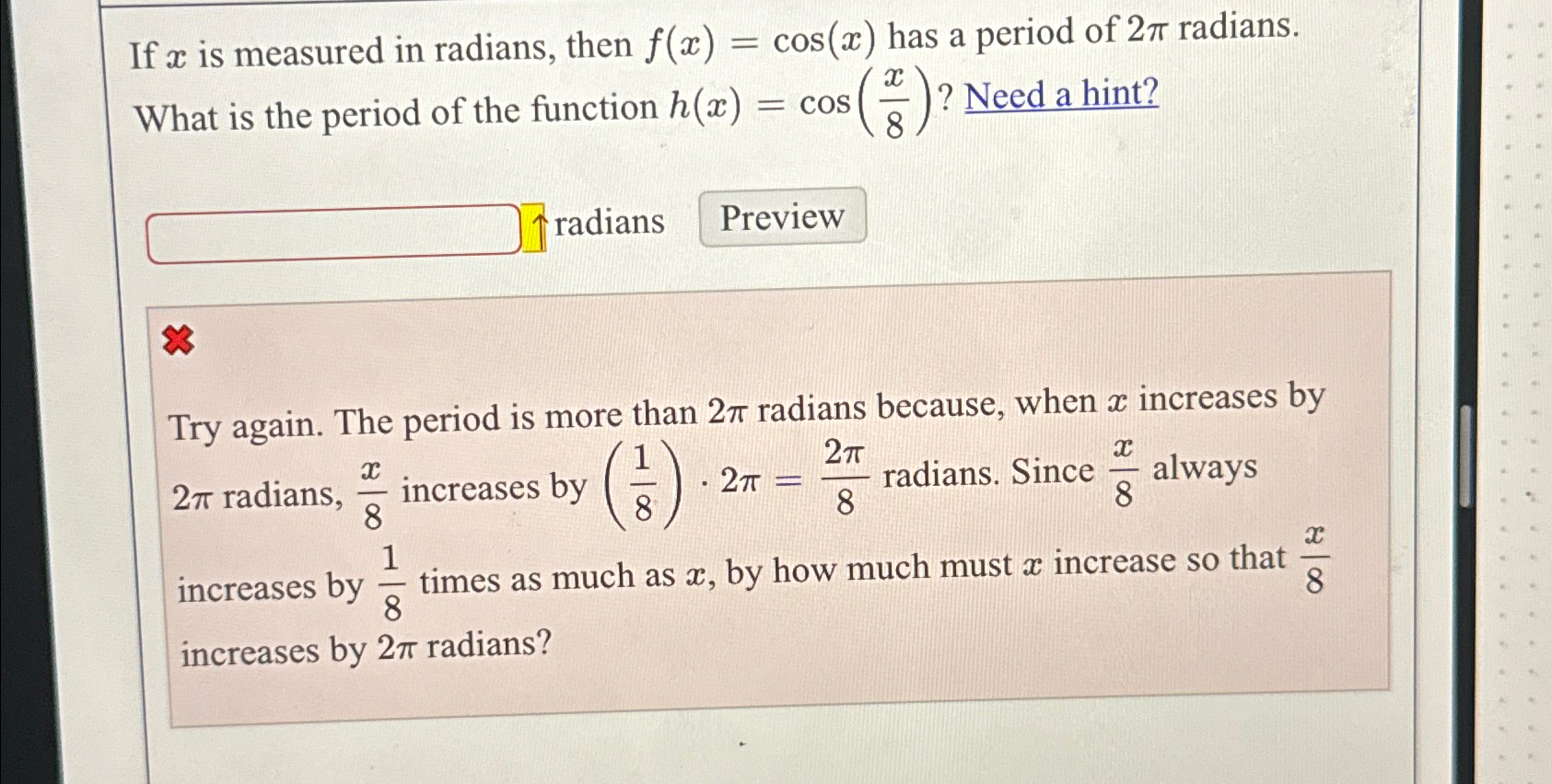 Solved If x ﻿is measured in radians, then f(x)=cos(x) ﻿has a | Chegg.com