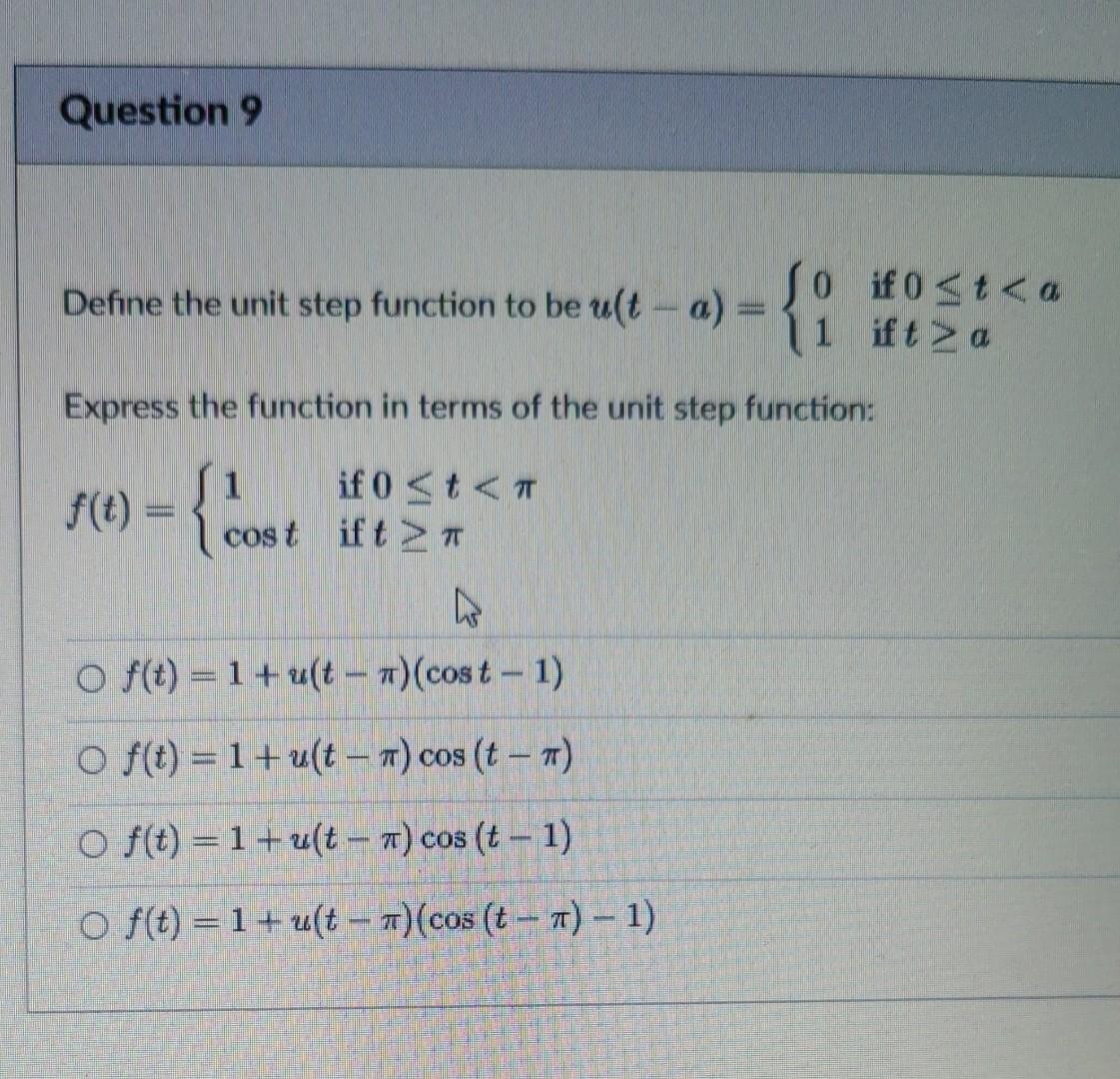 Solved Question 9 Define the unit step function to be u(t - | Chegg.com