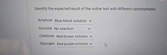 Solved Identify the expected result of the iodine test with | Chegg.com