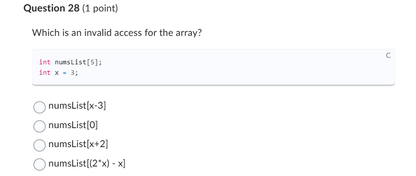 Solved Question 28 (1 ﻿point)Which is an invalid access for | Chegg.com