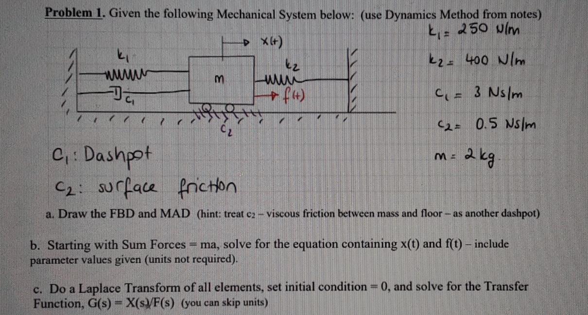 Solved Problem 1. Given the following Mechanical System | Chegg.com