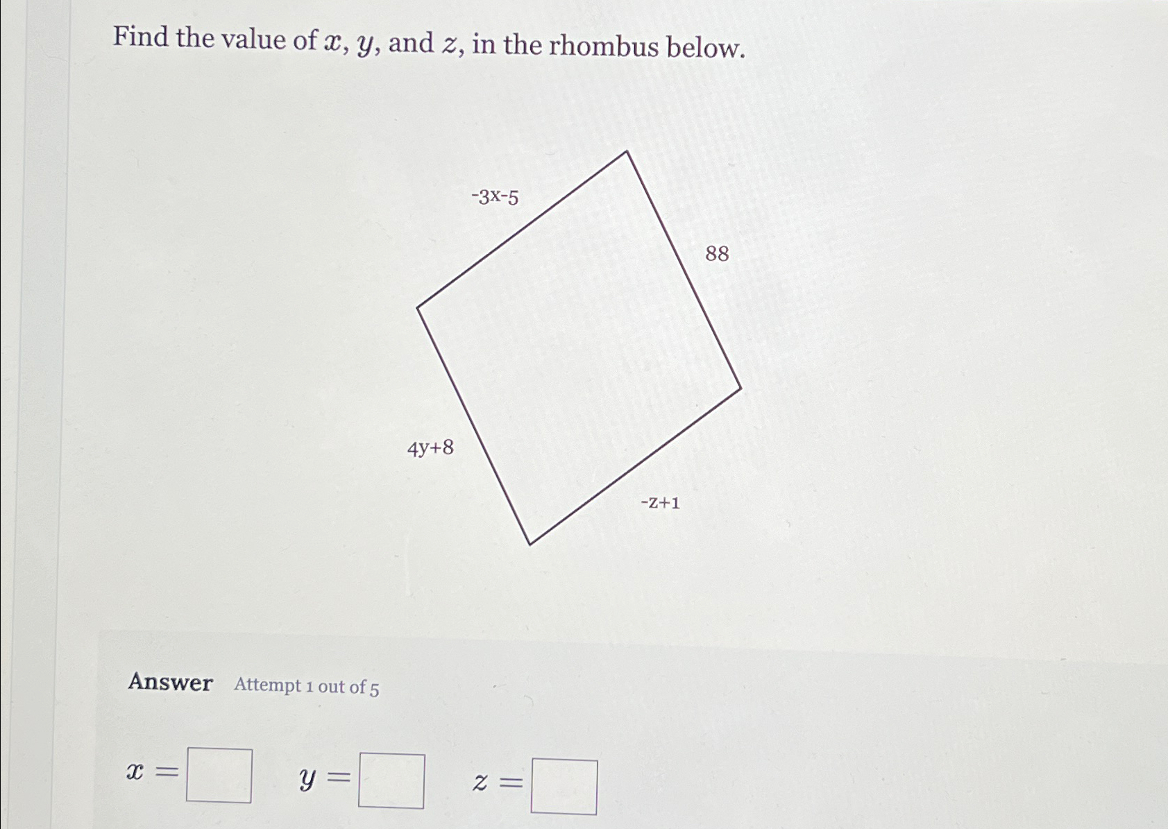 Solved Find the value of x,y, ﻿and z, ﻿in the rhombus | Chegg.com