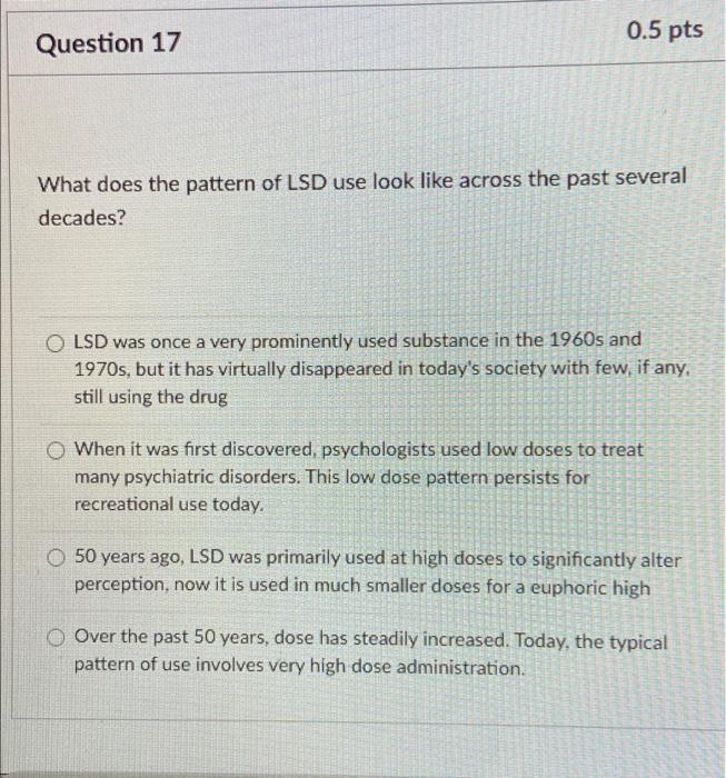 Solved 0.5 pts Question 17 What does the pattern of LSD use | Chegg.com