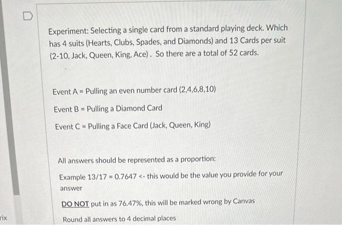 Solved Experiment: Selecting a single card from a standard | Chegg.com