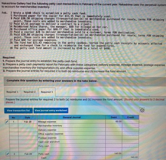 Solved Nakashima Gallery had the following petty cash | Chegg.com