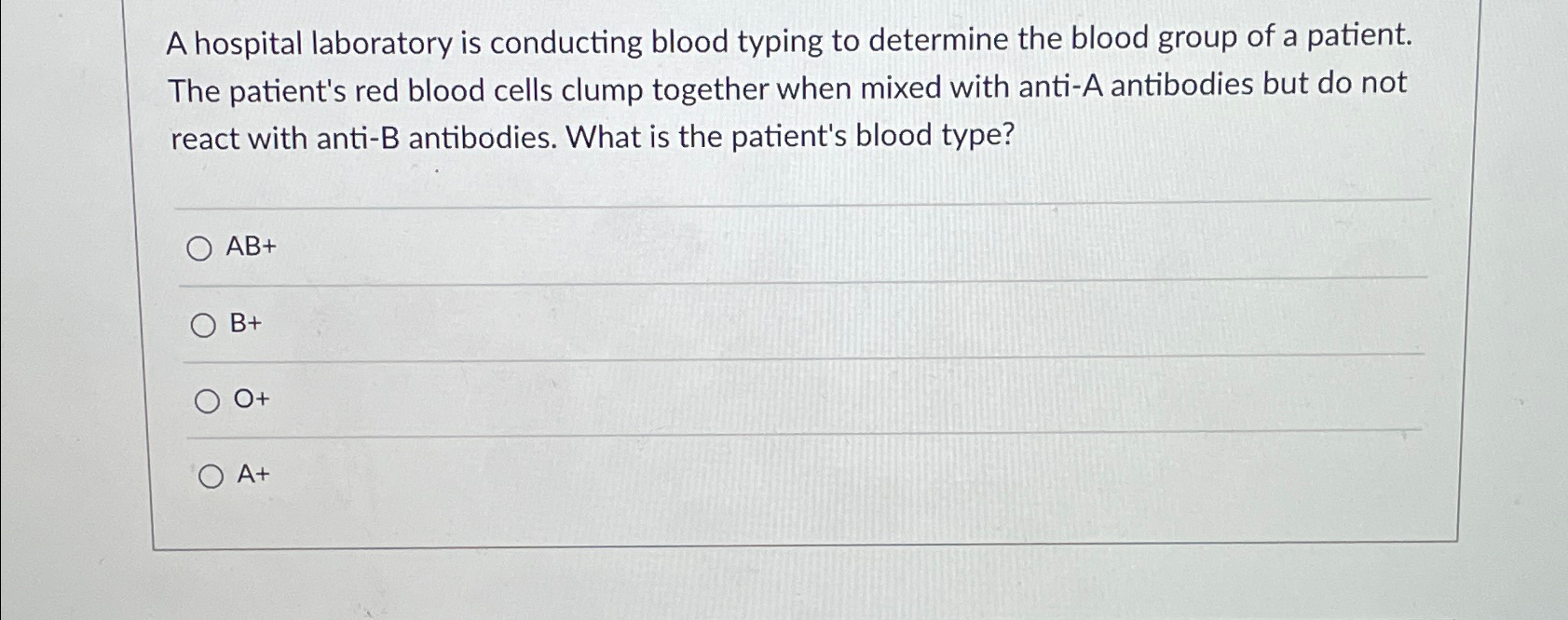 Solved A hospital laboratory is conducting blood typing to | Chegg.com