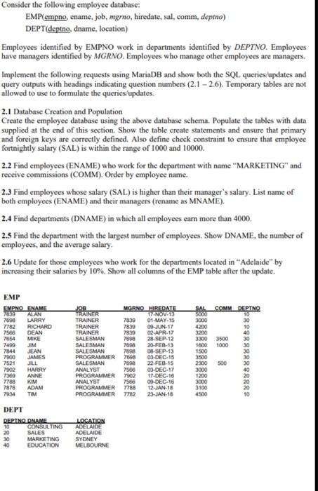 Solved Consider the following employee database: EMP(empno, | Chegg.com