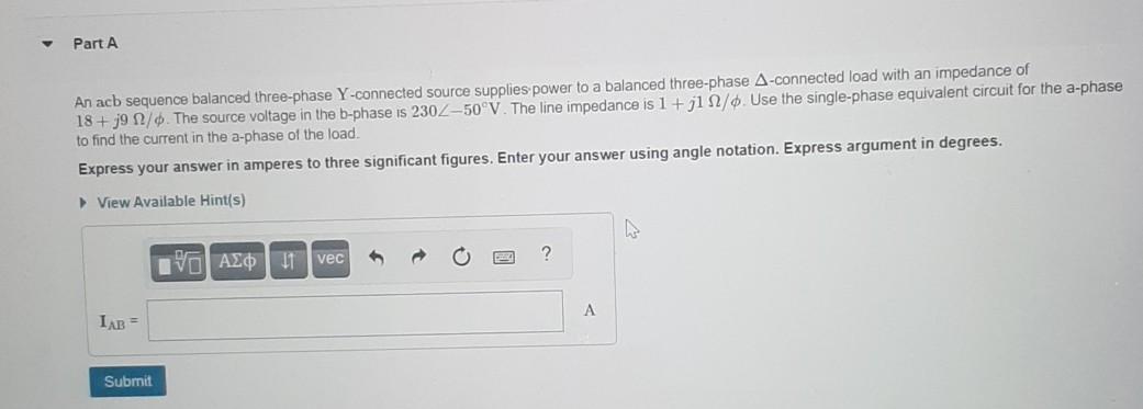 Solved Part A An acb sequence balanced three-phase | Chegg.com