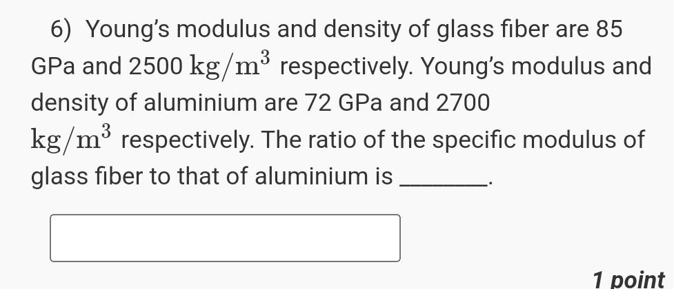 Solved 6) Young's modulus and density of glass fiber are 85 | Chegg.com