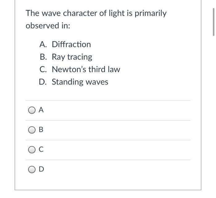 Solved The wave character of light is primarily observed in: | Chegg.com