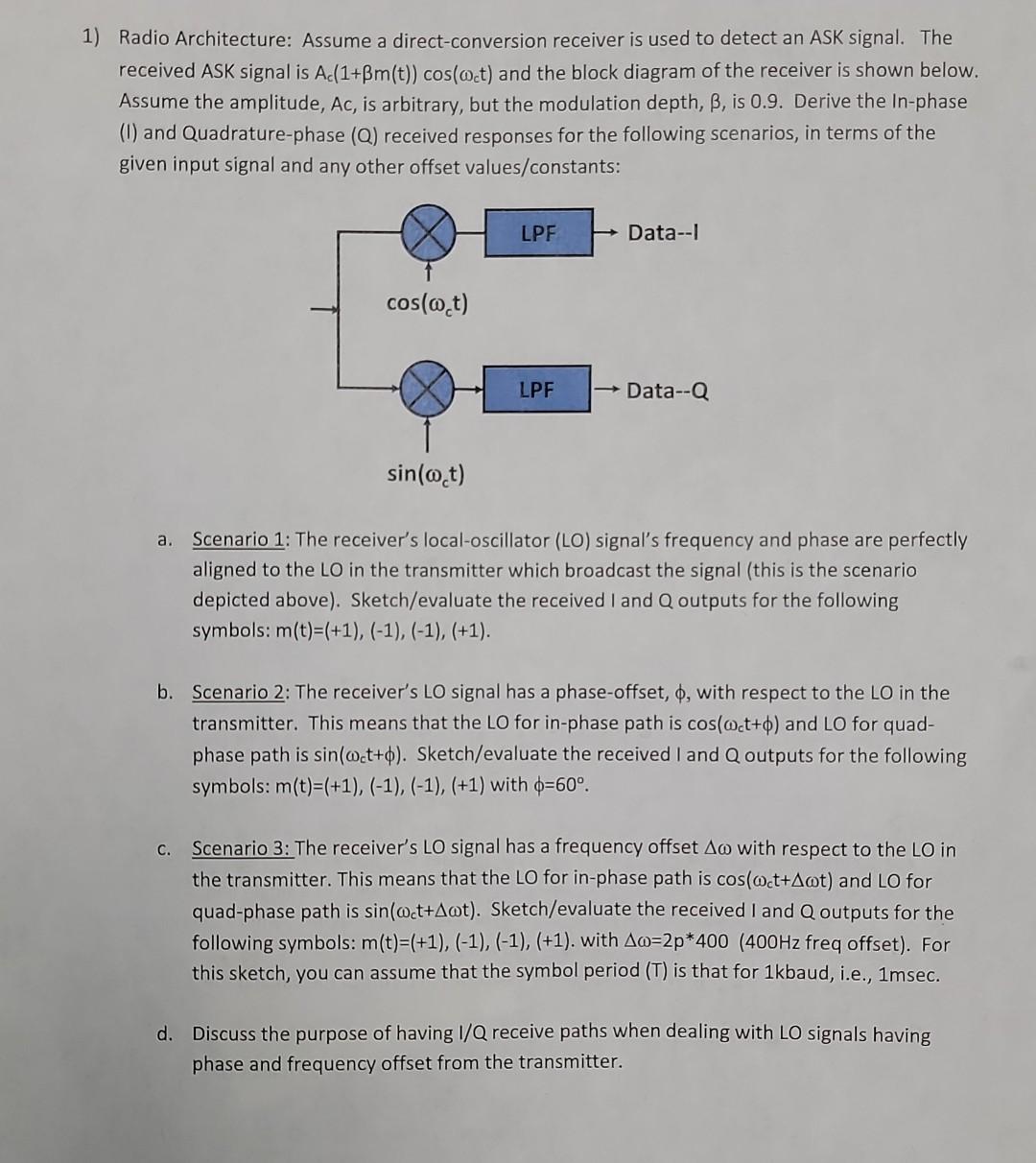 1) Radio Architecture: Assume a direct-conversion | Chegg.com