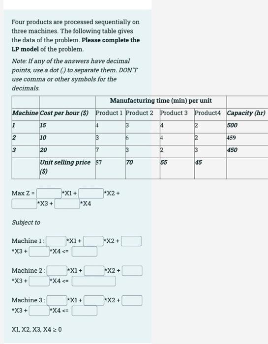Solved Four products are processed sequentially on three | Chegg.com