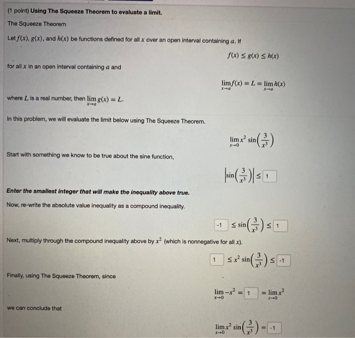 Solved (1 point) Using Tho Squeeze Theorem to evaluate a | Chegg.com