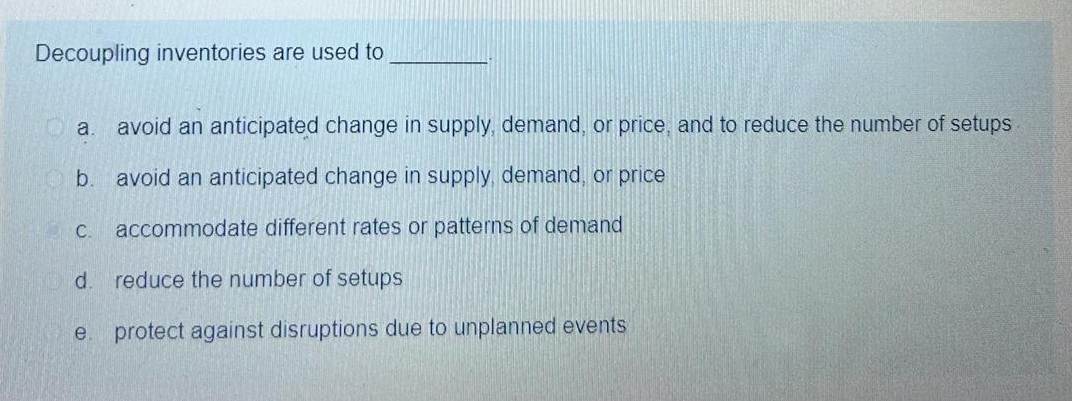 Solved Decoupling inventories are used toa. ﻿avoid an | Chegg.com