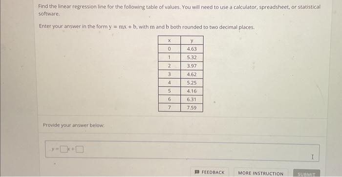 Solved Find the linear regression line for the following | Chegg.com