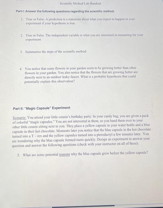 Solved Scientific Method Lab Handout Part i: Answer the | Chegg.com