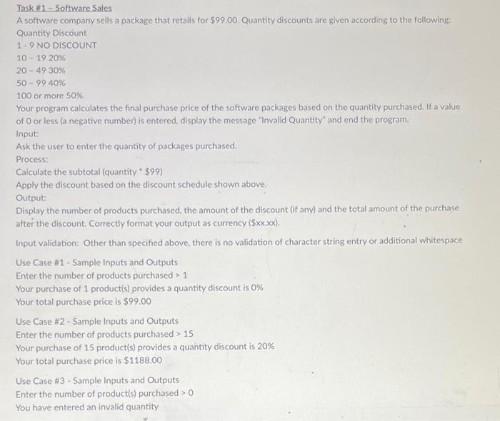 Solved Task #1 - Software Sales A software company sells a | Chegg.com