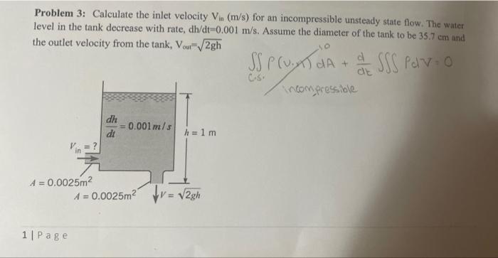 Solved Problem 3: Calculate the inlet velocity Vin(m/s) for | Chegg.com