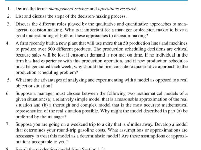 Solved 1. Define the terms management science and operations | Chegg.com
