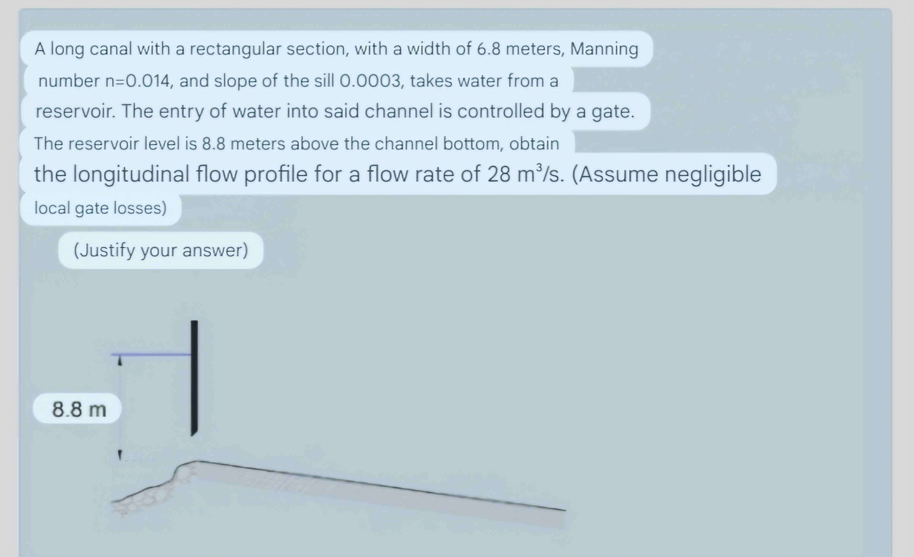 Solved A long canal with a rectangular section, with a width | Chegg.com