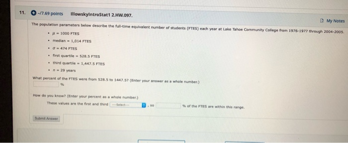 Solved 11. -17.69 points allowskyintroStat 2.HW.097. My | Chegg.com