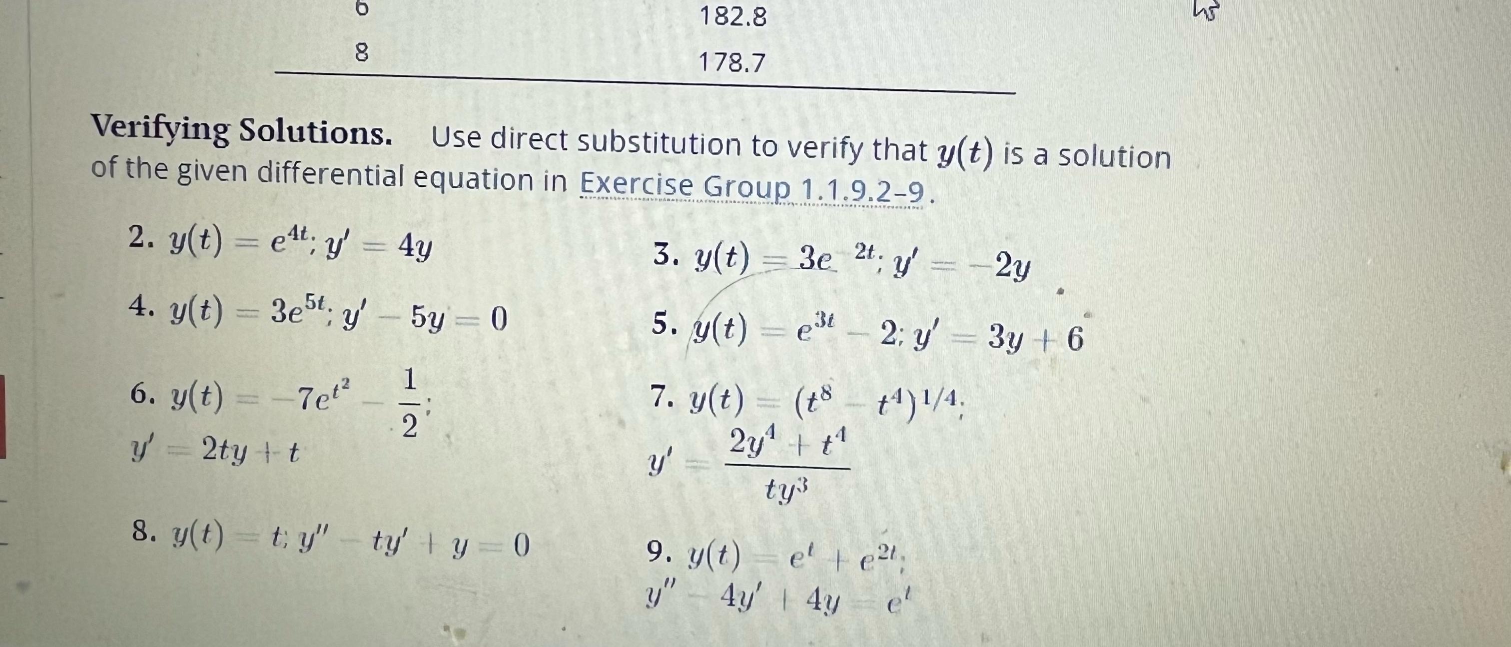 Solved 5. y(t)=e3t-2;y'=3y+67. y(t)=(t8-t4)14;y'=2y4+t4ty39. | Chegg.com