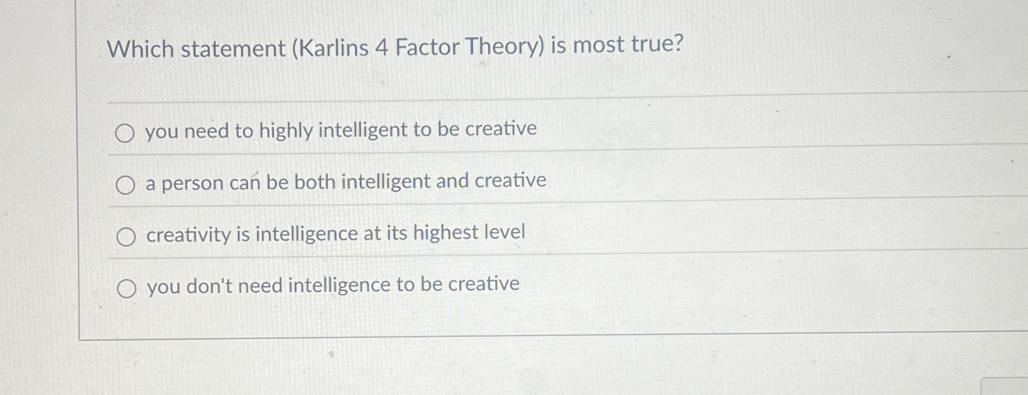 Solved Which statement (Karlins 4 ﻿Factor Theory) ﻿is most | Chegg.com