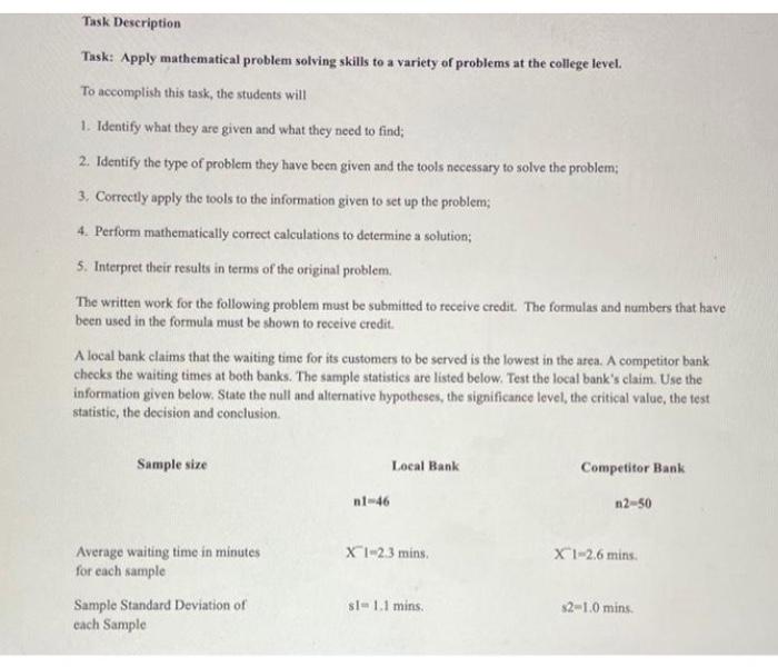 Solved Task Description Task: Apply mathematical problem | Chegg.com