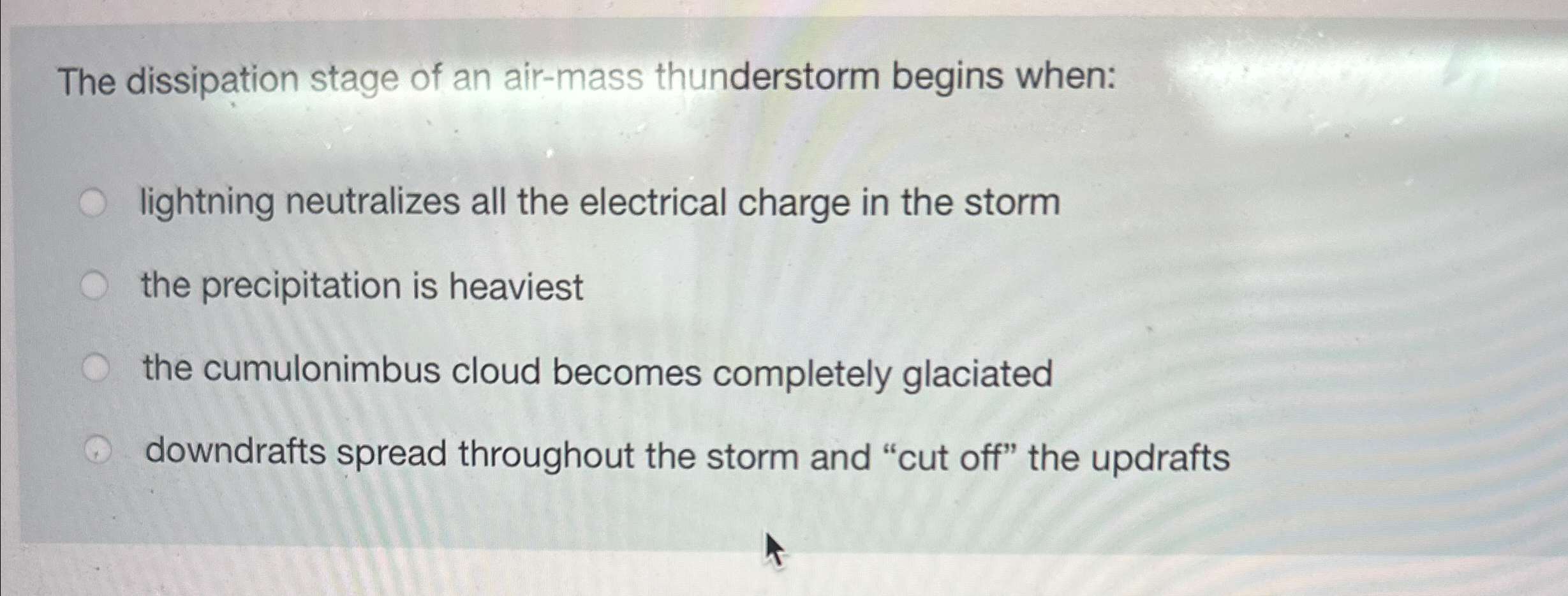 Solved The dissipation stage of an air-mass thunderstorm | Chegg.com
